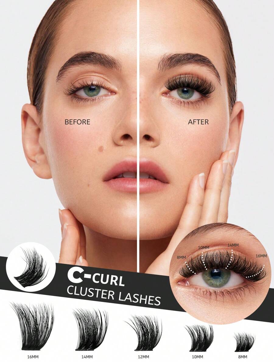 GROINNEYA 15 Rows 195 Clusters C Curl Lash Clusters Thick Cluster Eyelash Extensions Fluffy ...