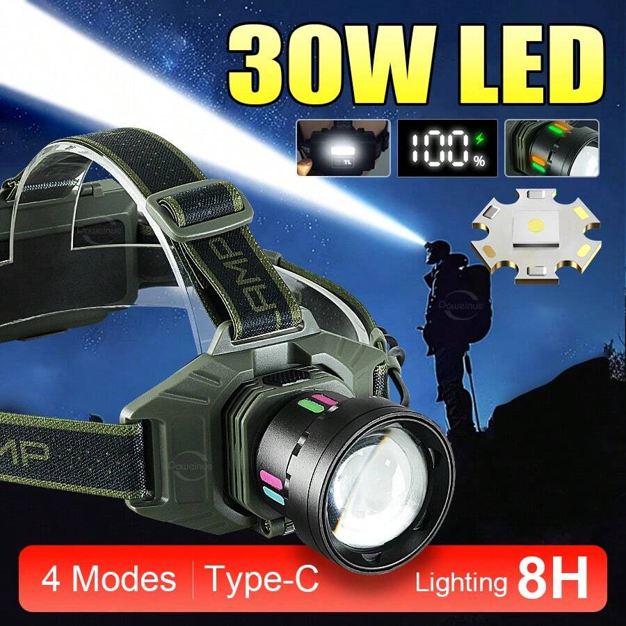 Leistungsstarke 30W LED-Stirnlampe 2*18650 Leistungsstarker Scheinwerfer 4 Modi Extrem lange ...