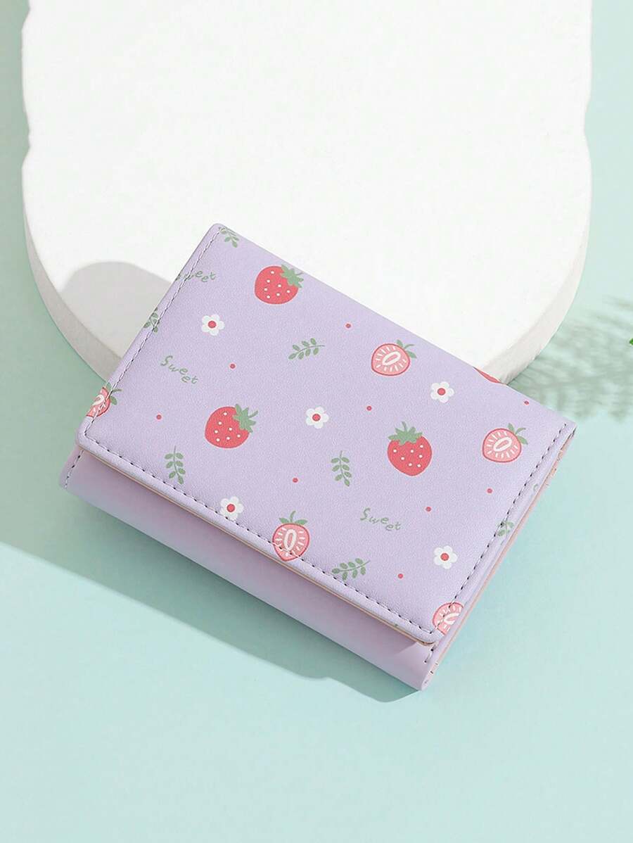 Strawberry Allover Print Simple Tri-Fold Women's Wallet Multi-Slot ...