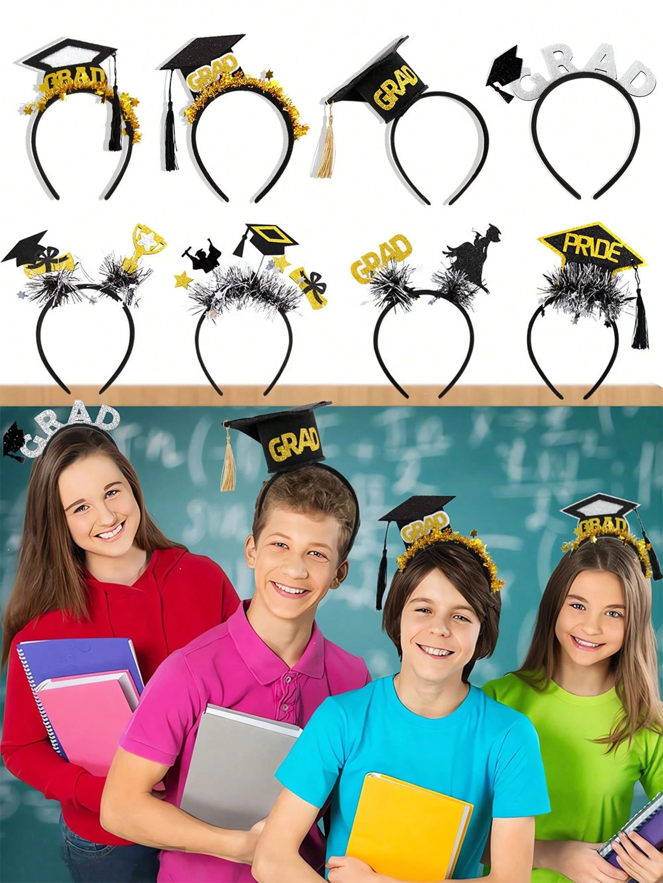 8 piezas Diadema con borlas de graduación, tocados con birrete ...