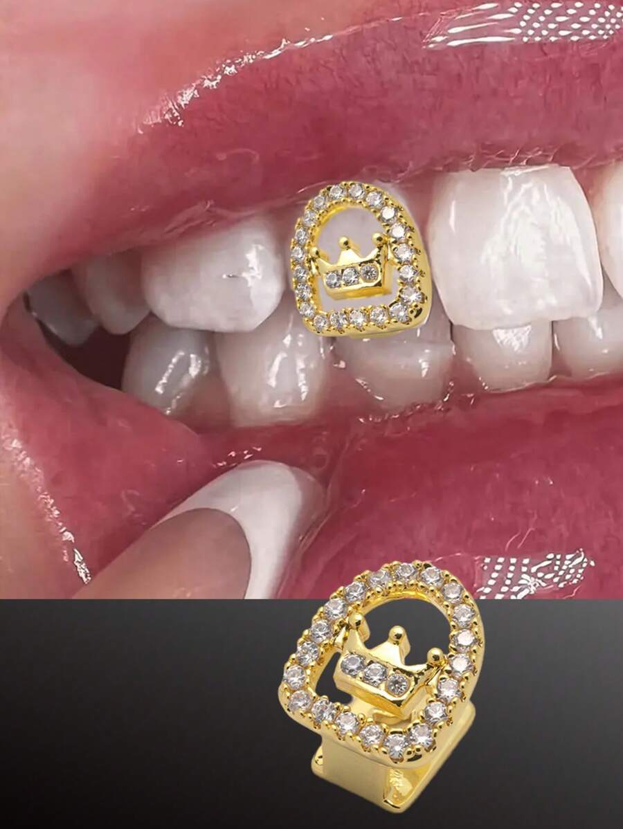 1pc Hollow Crown Big Gold Tooth Hip Hop Rap Flashy Copper Zirconia ...