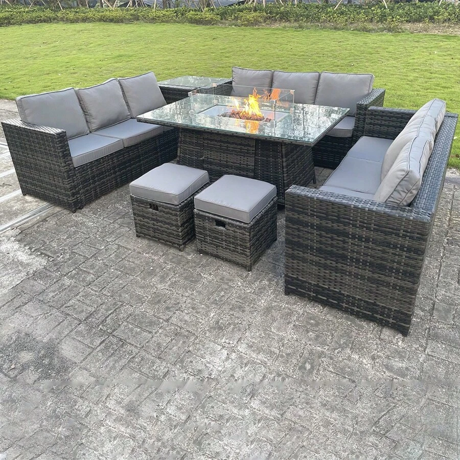 Fimous Outdoor Rattan Garden Furniture Gas Fire Pit Dining Table Gas ...
