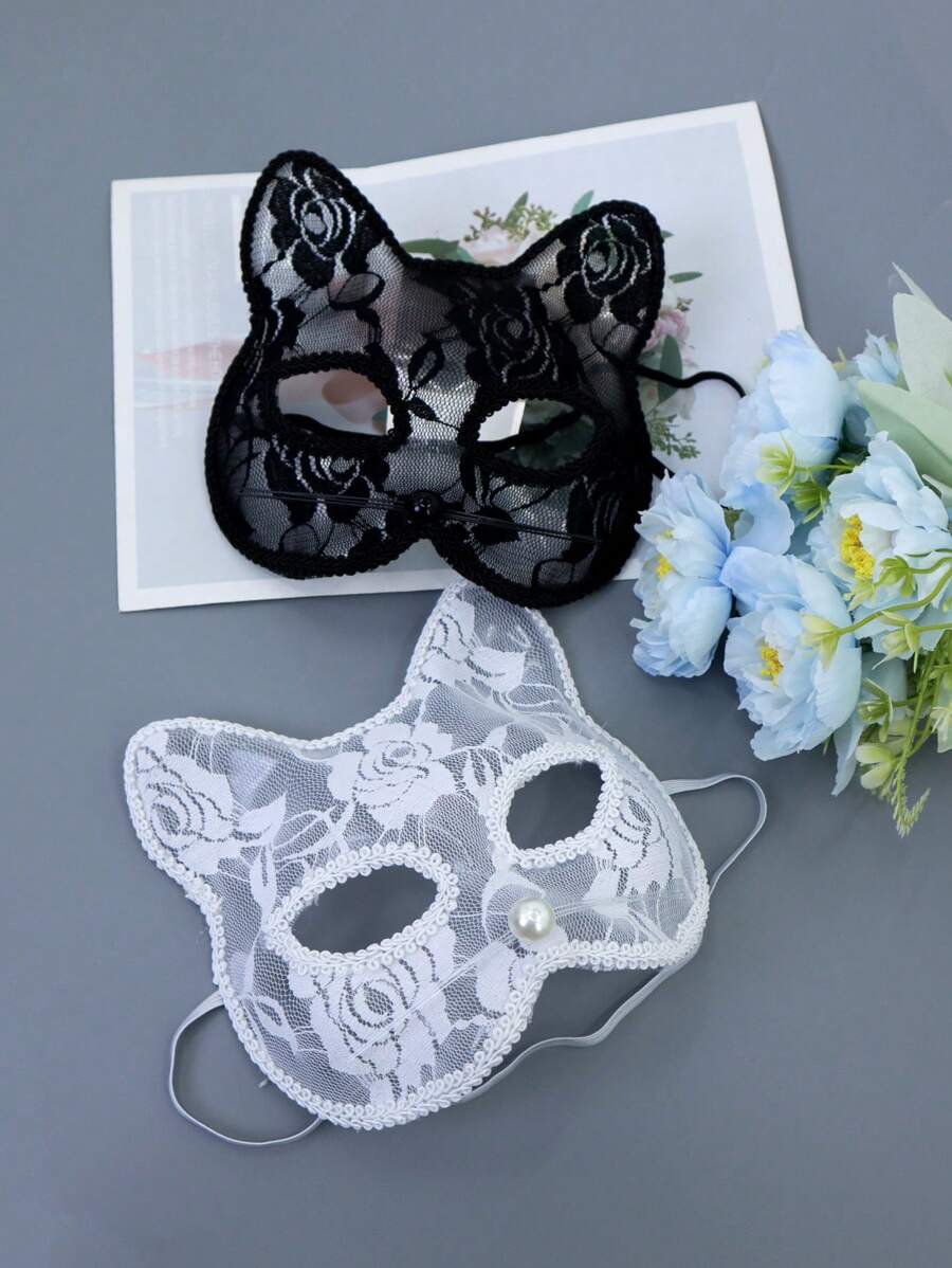 2pcs Couple Transparent Lace Cat Face Half Mask, Masquerade Ball ...