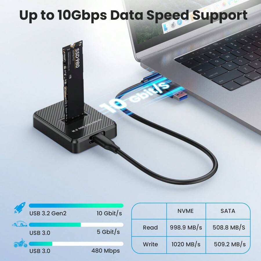 Estación de acoplamiento M.2 NVMe/SATA a USB-C para diversos tamaños de SSD 2280, 2260, 2242 ...