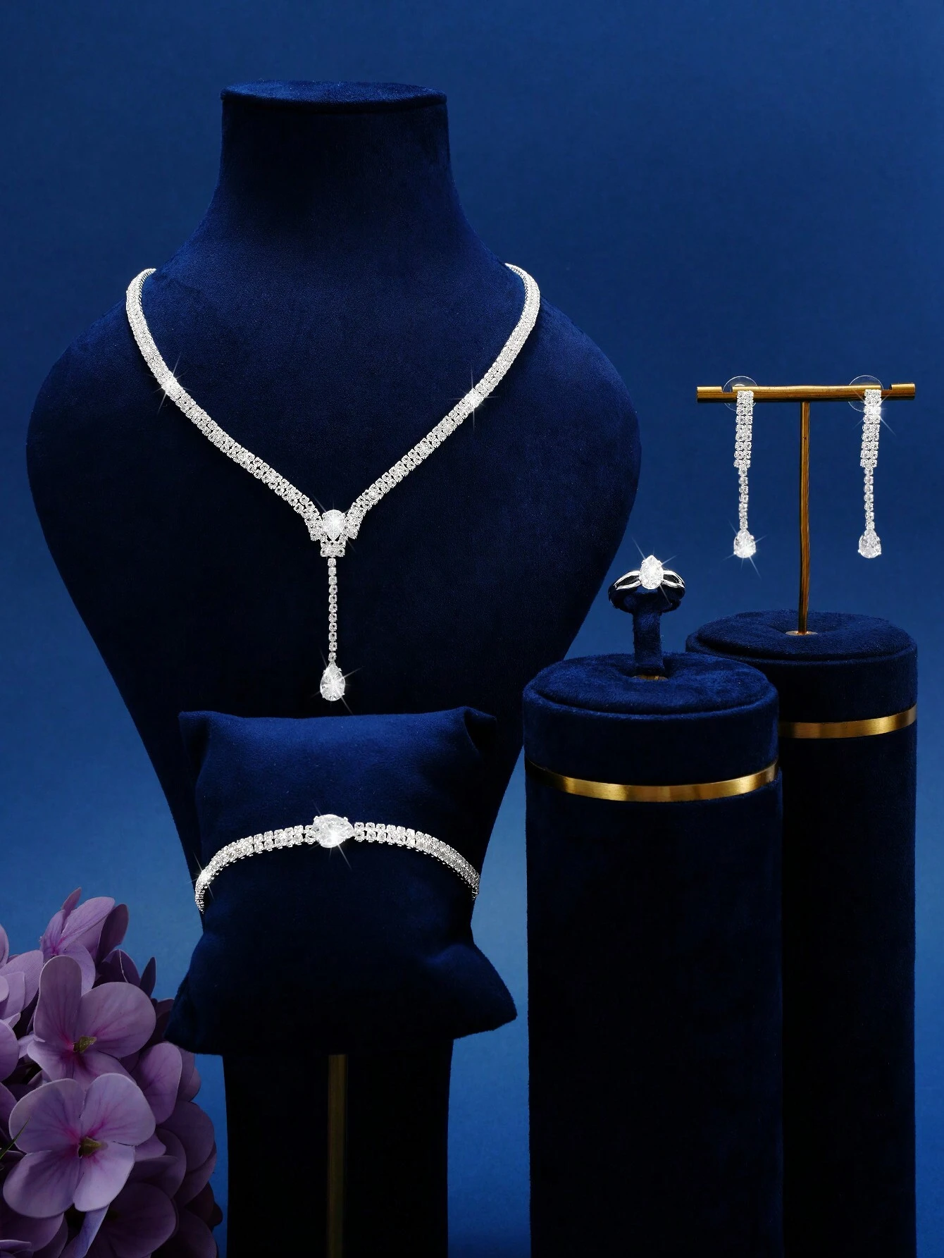 5pcs Crystal Water Drop Jewelry Set Including Necklace, Earrings, Ring ...