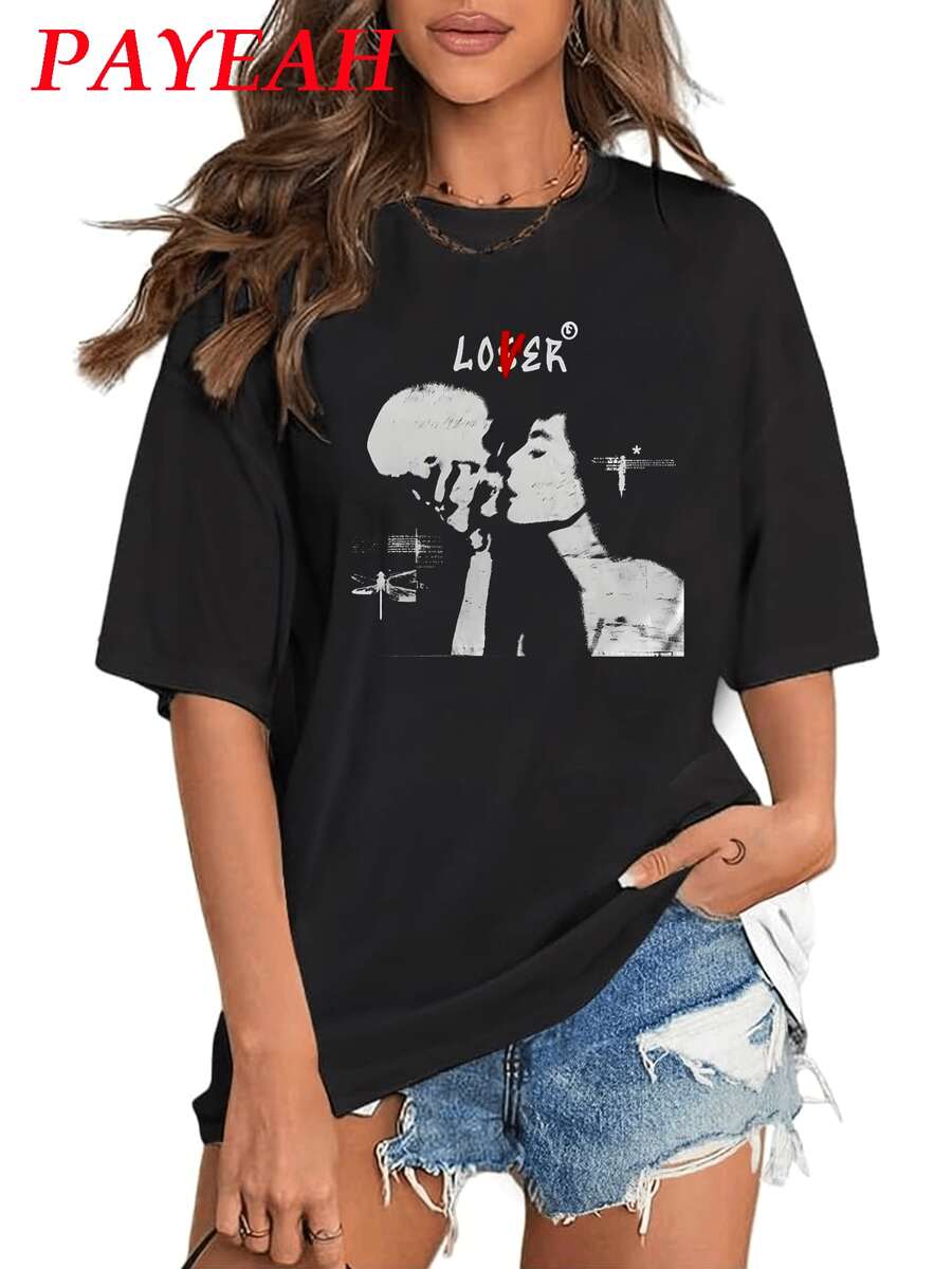 Payeah Lover Loser Skull Kiss Printed T-Shirt 1 Pcs 220g Heavy Cotton T ...