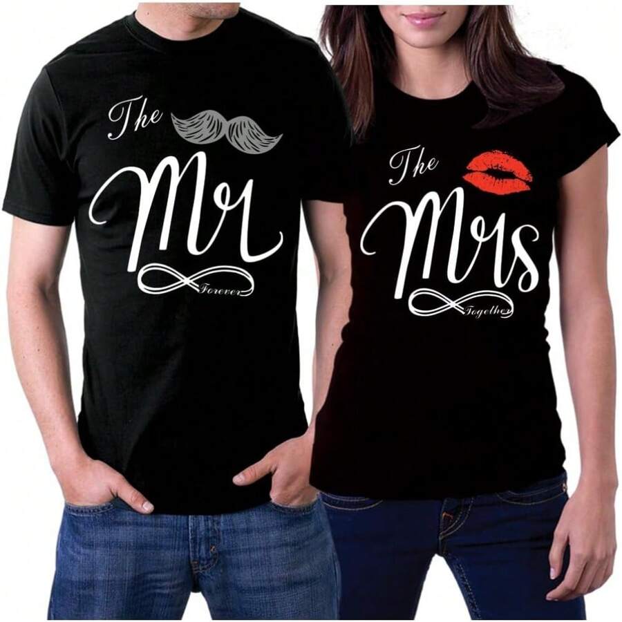 Matching Shirts Set For Couples Him And Her Mr And Mrs Husband Wife T-Shirts Black White Colors ...