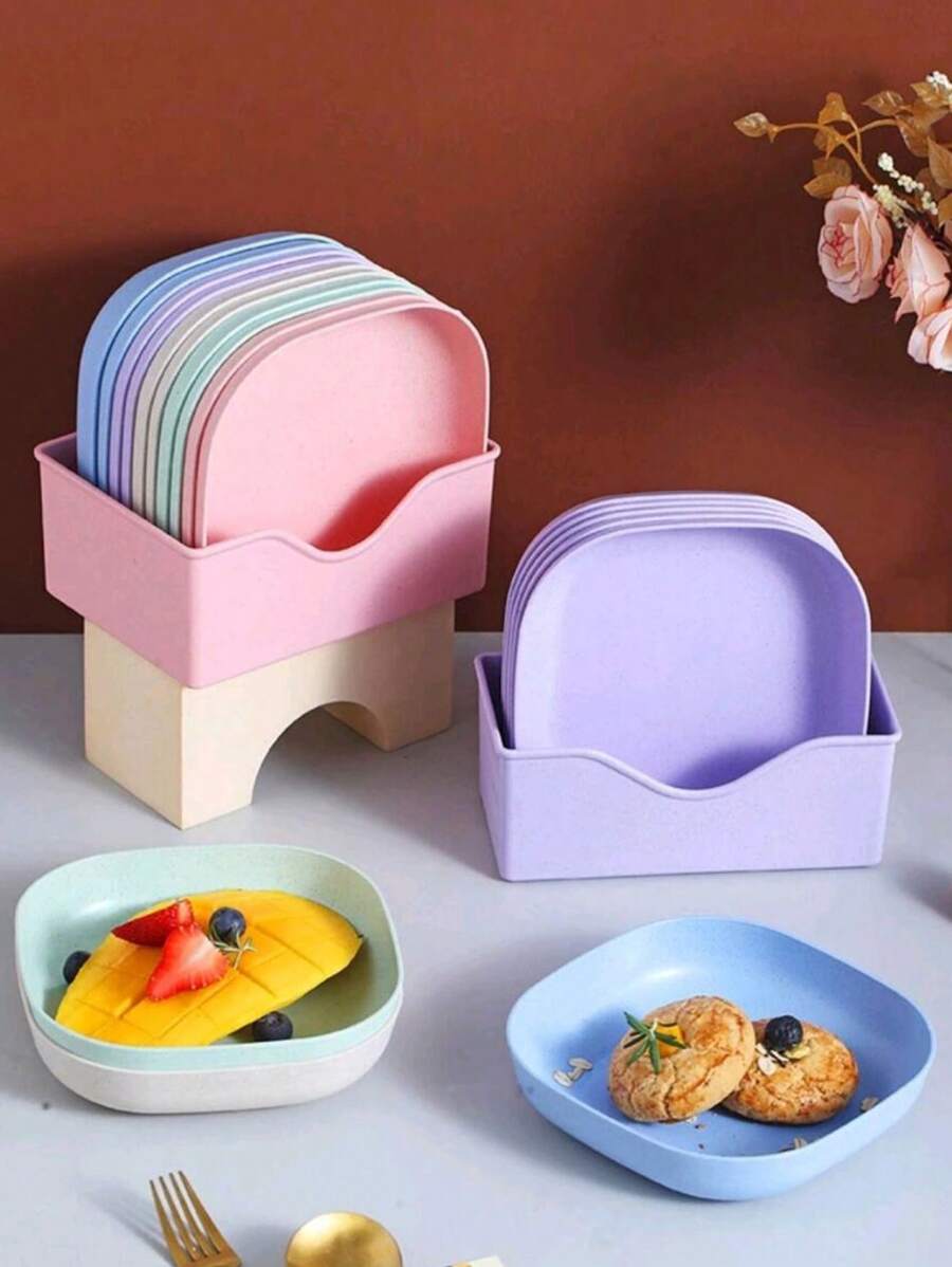 10 Piece Set Of Plastic Random Color Dining Plates With Storage Box ...