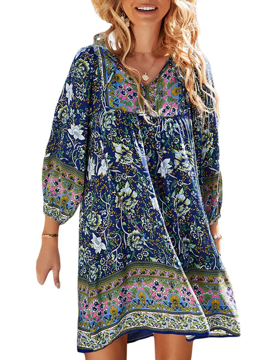 Women Casual Summer 3/4 Sleeve Boho Dresses Loose V Neck Floral Print Dresses Bohemian Swing ...