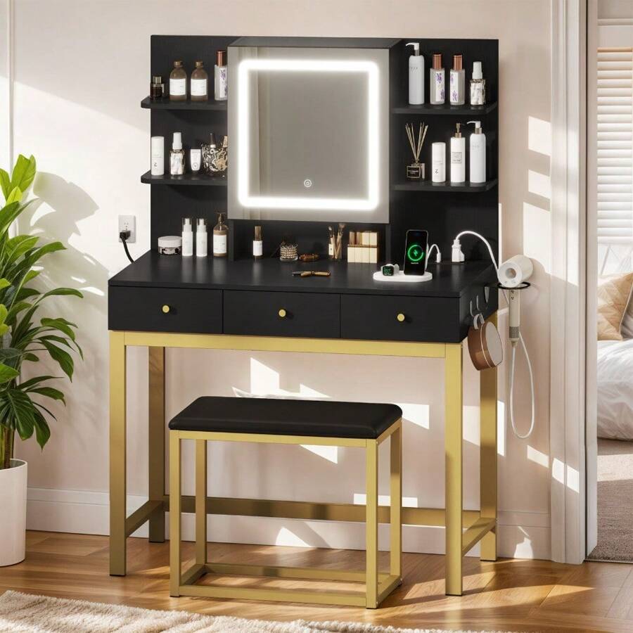 Vanity Desk With LED Lighted Mirror & Power Outlet Makeup Table With 3 ...