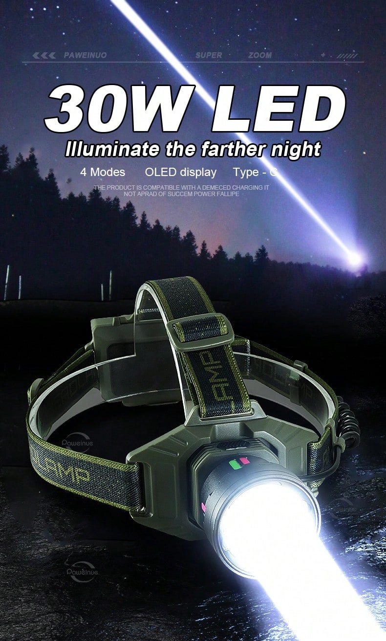 Faro potente de 30W con LED, 2*18650, foco potente con 4 modos, ultrarrango, recargable con USB ...