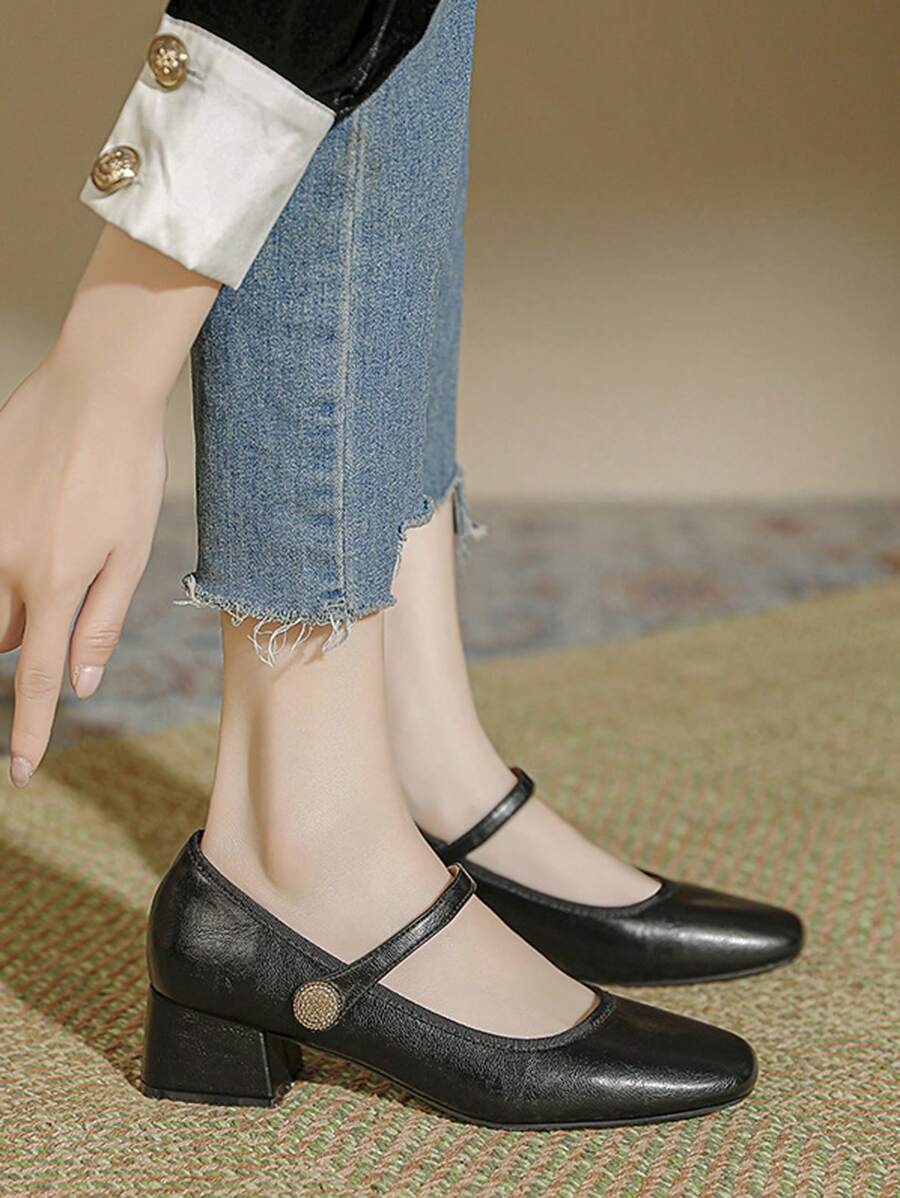 New Vintage Style Strap Soft Leather Mary Jane Shoes, Square Toe Low ...