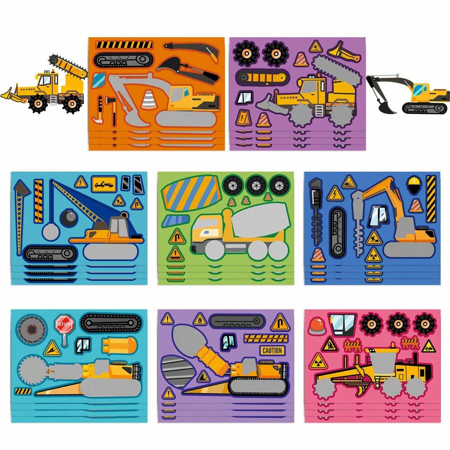 MJCYW 8/16/24pcs Cartoon Construction Vehicle Stickers, DIY Craft For ...