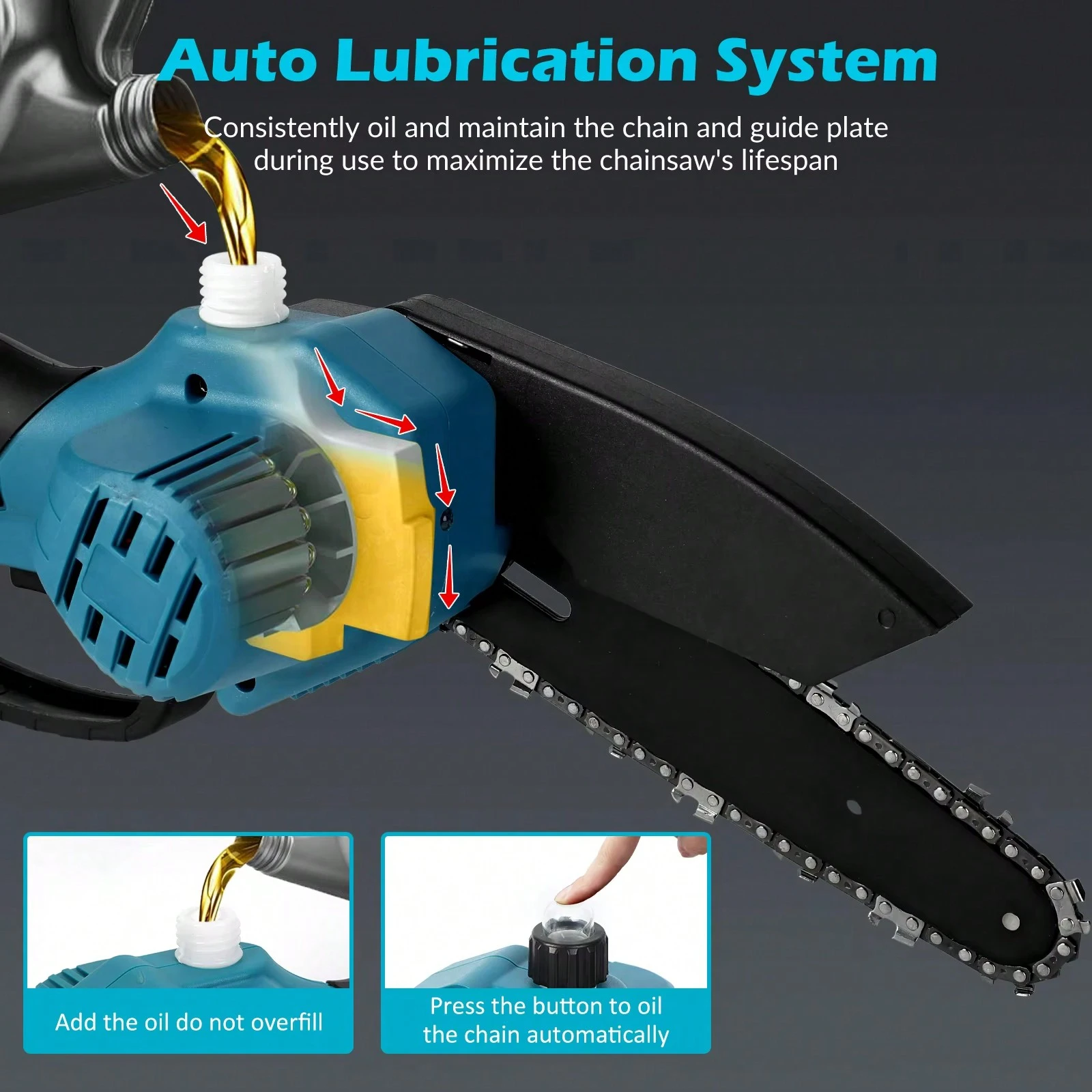 Mini motosserra sem fio de 6 polegadas, bateria de 21 V, motosserra ...