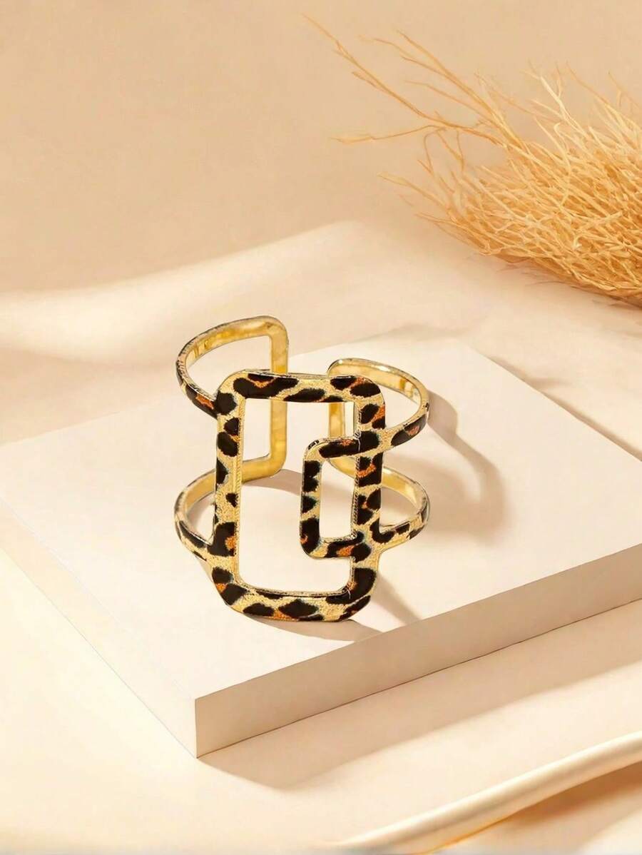 4pcs Vintage Boho Metal Geometric Hollow Leopard Print Ring Set, Open ...