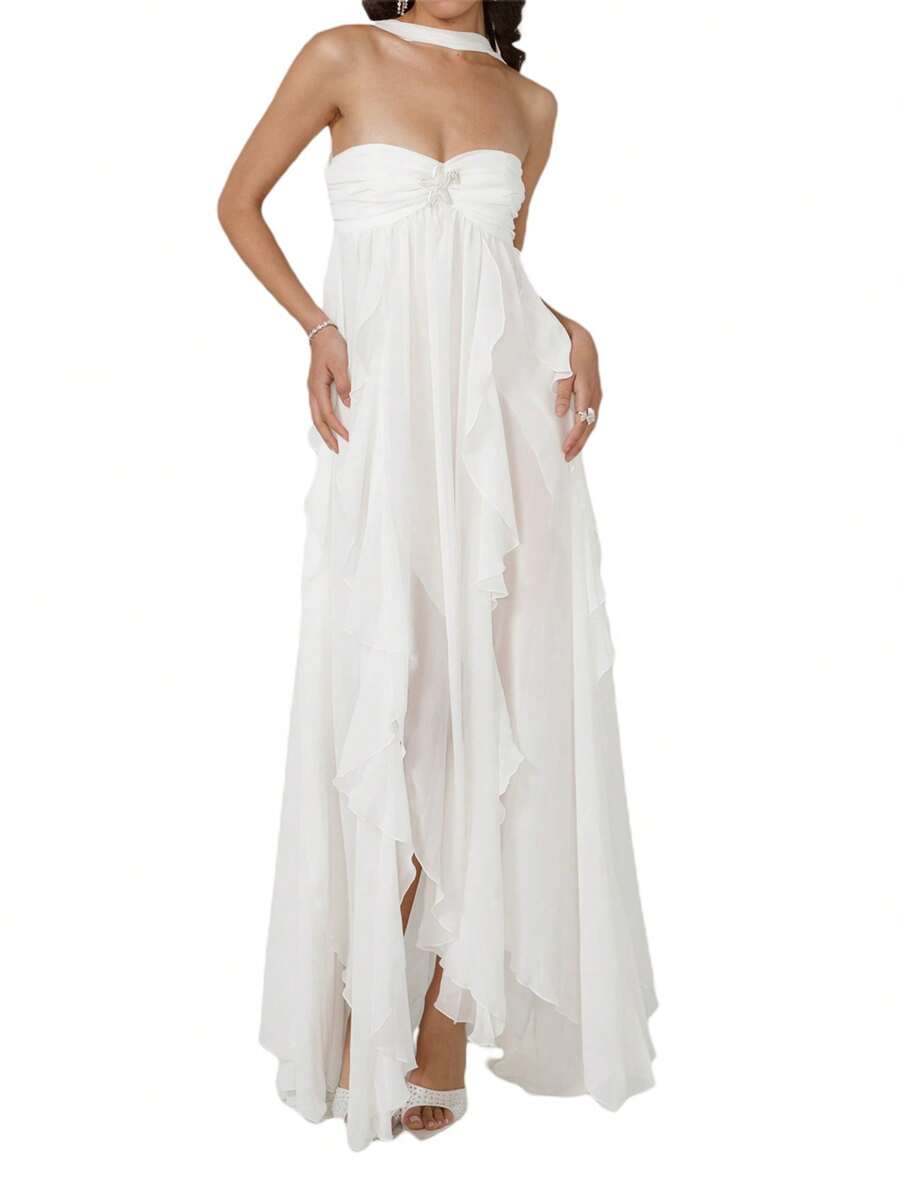 Women Summer Sleeveless Dress Irregular Ruffled Hem Backless Cocktail ...