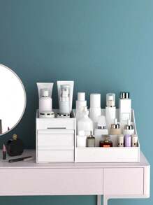 1pc White Makeup Storage Box With Drawers, Desk Organizer For Cosmetics ...