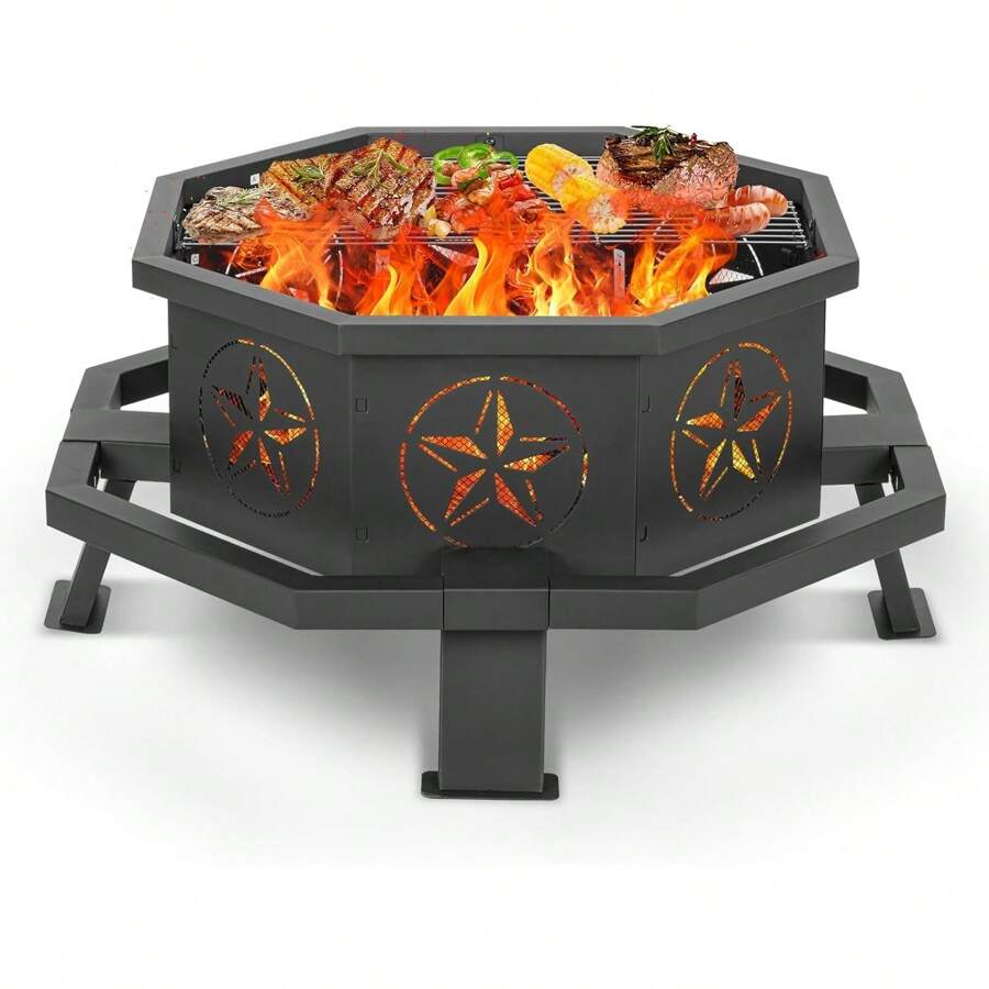 35 Inch Octagonal Fire Pit With Cooking Grill, Outdoor Fire Pit, Wood ...