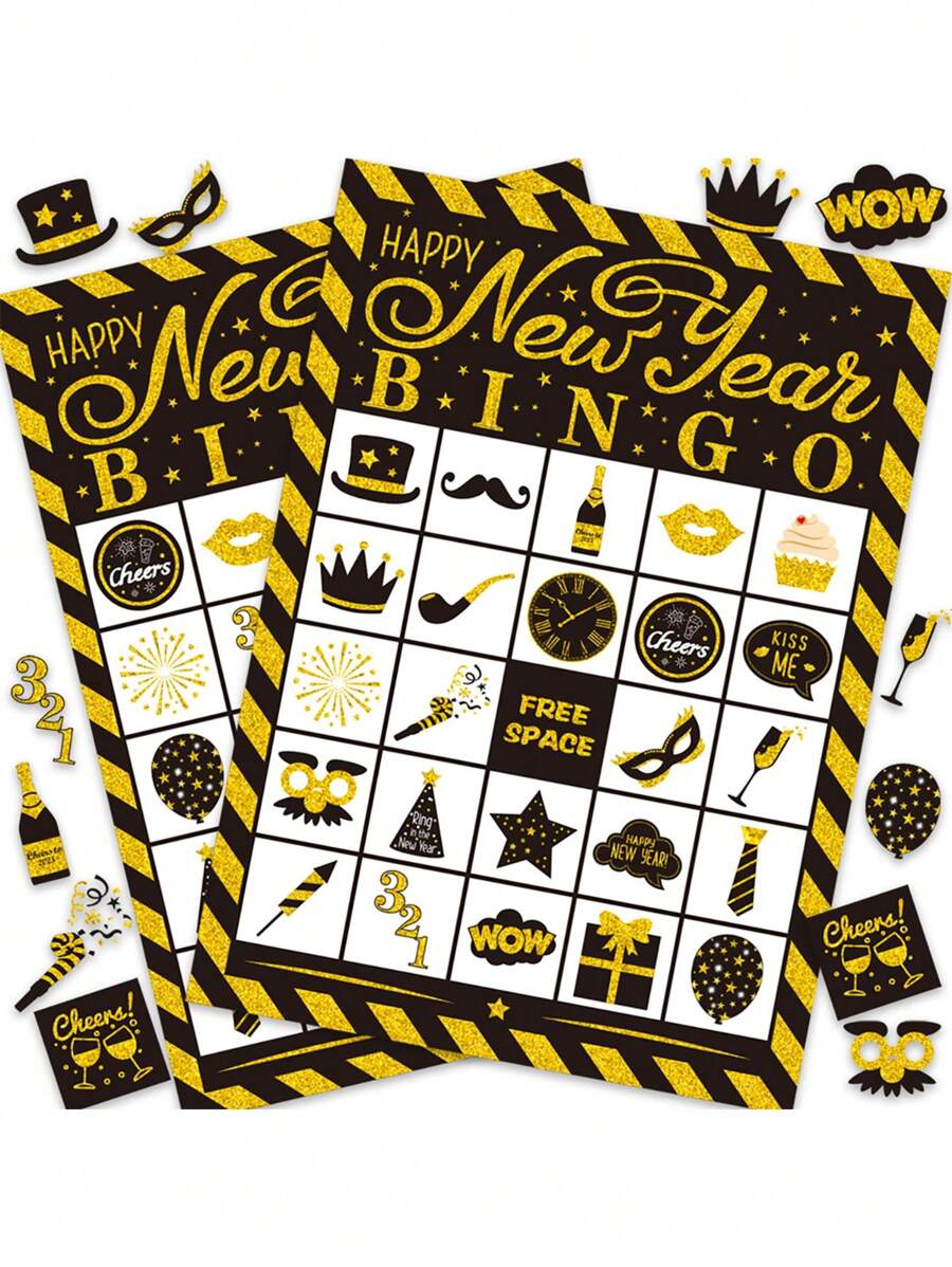 Conjunto de 33 peças, jogo de cartas de bingo de ano novo de 7*5 pol ...