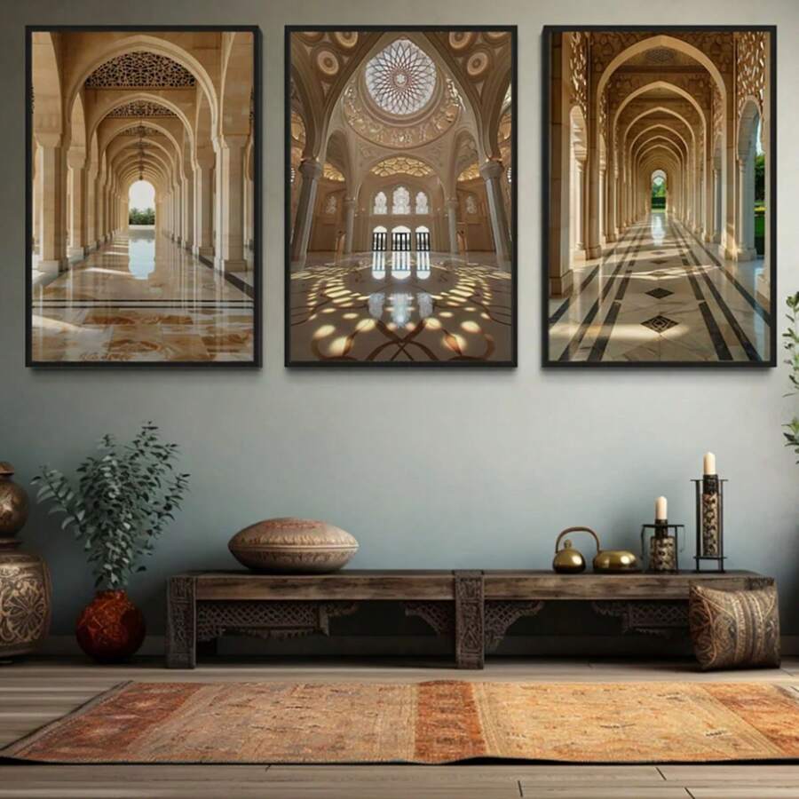 3PCS Islamic Wall Art, Neutral Islamic Architecture Painting Canvas PRINT, Wall Decor Modern Art ...