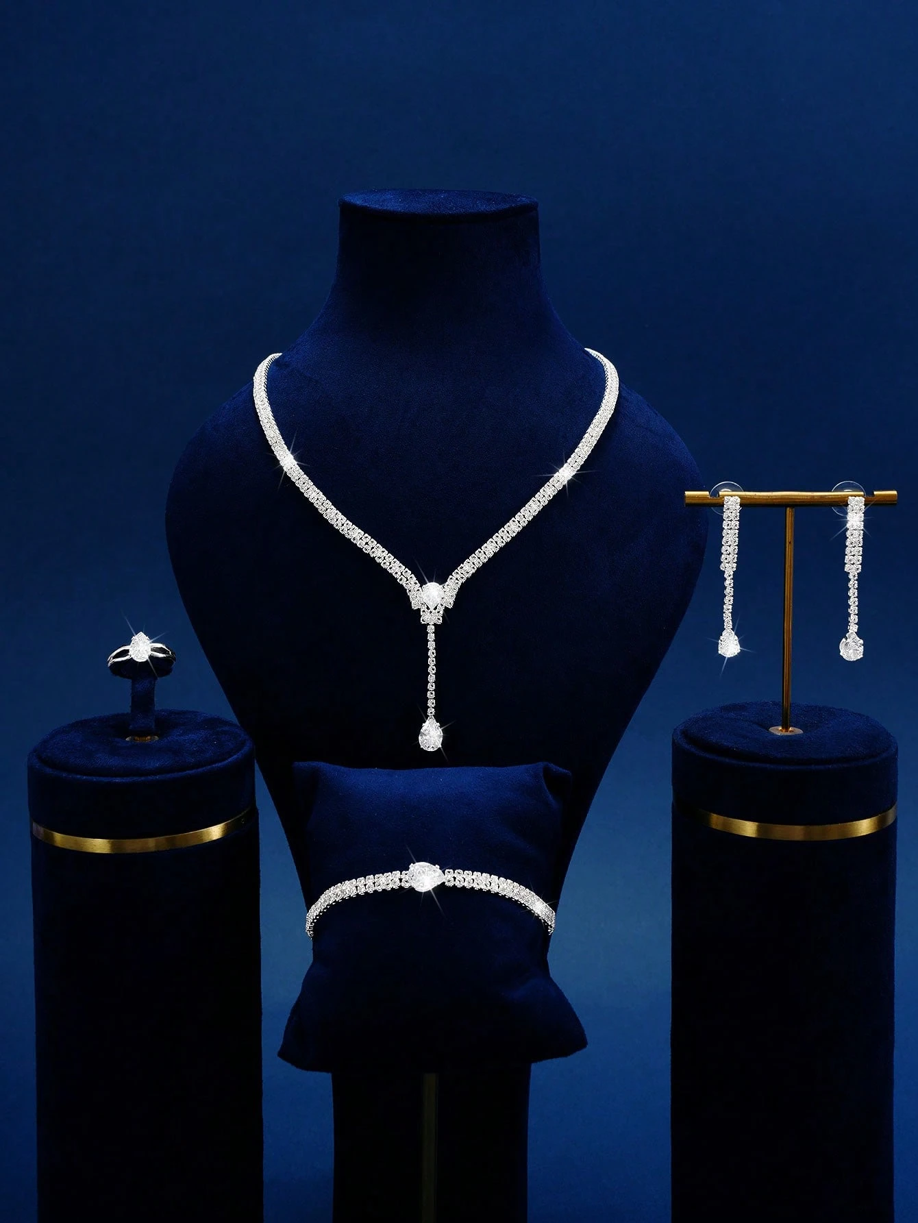 5pcs Crystal Water Drop Jewelry Set Including Necklace, Earrings, Ring ...