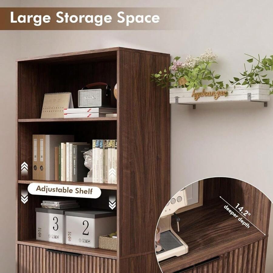 HYFTKIDE Tall Bookshelf 5 Tier Bookcase With Fluted Doors, Modern ...