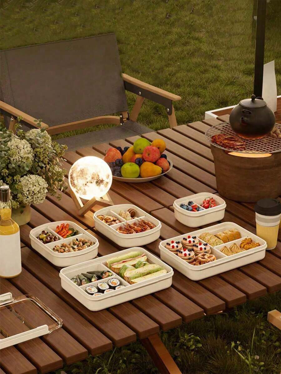 1pc Portable Split Tray With Lid And Handle - Snack Box Cooked Food ...