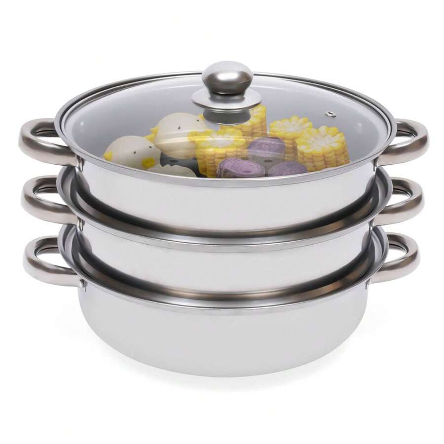 3 Tier Steamer Stainless Steel Steam Pot 28cm Cooking Pot With Glass ...