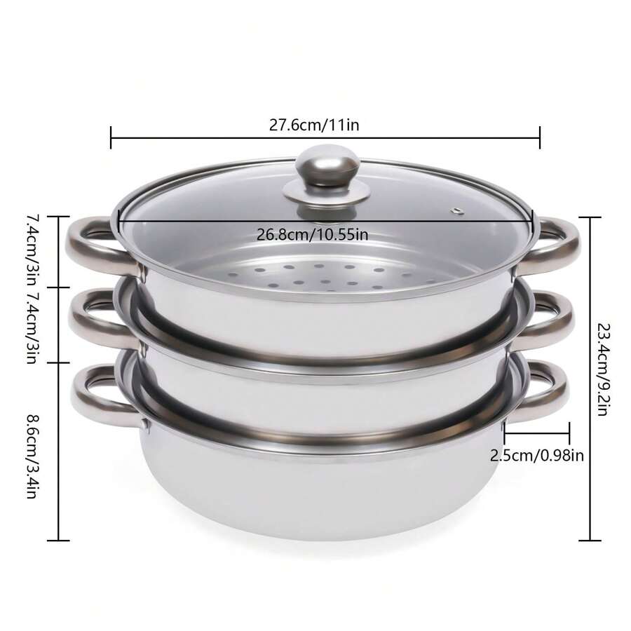 3 Tier Steamer Stainless Steel Steam Pot 28cm Cooking Pot With Glass ...