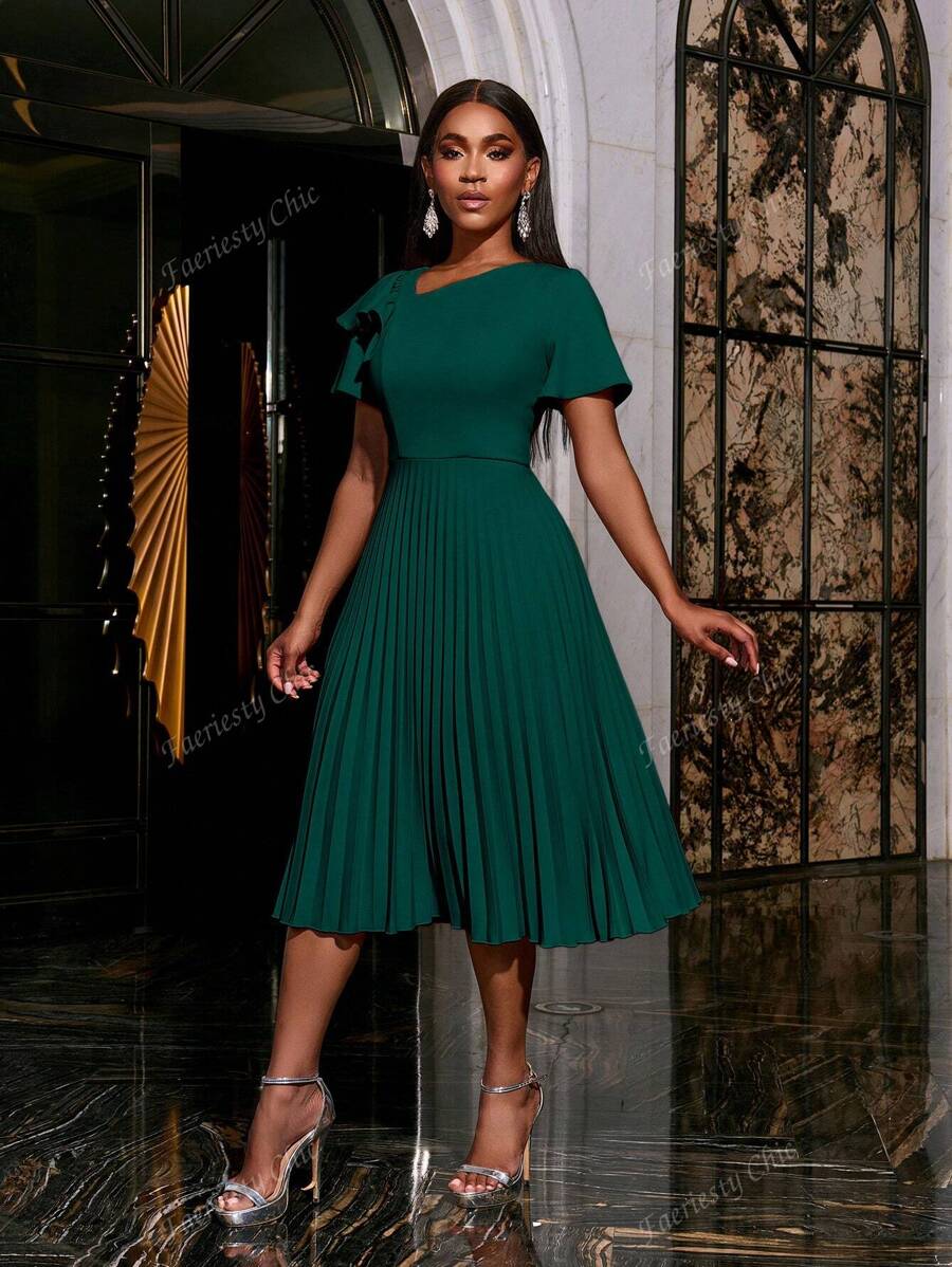 Faeriesty Elegant Asymmetrical Neck Flutter Sleeve Evening Gown With ...