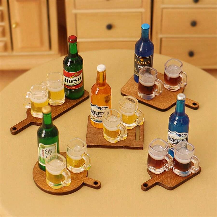 20pcs/4pcs Dollhouse Mini Realistic Beer, Serving Tray, Wooden Platter ...