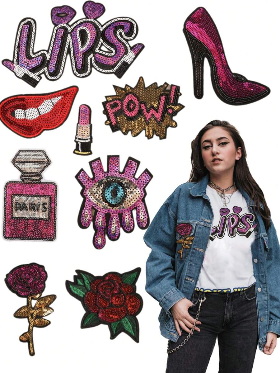 Purple Sequin Iron On Patches DIY Embroidered Patches Lips Lipstick ...