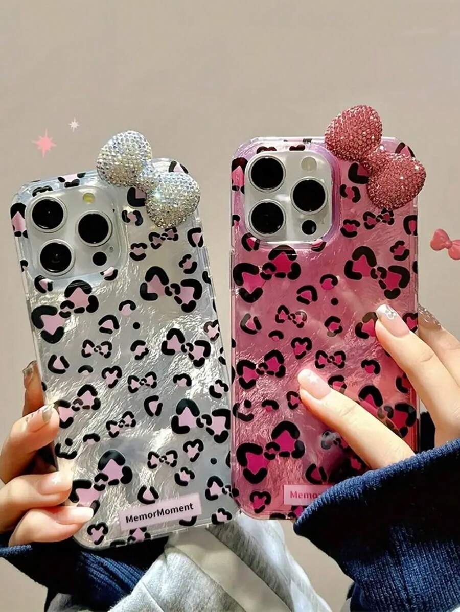 Cute 3D Rhinestone Bow Leopard Print Phone Case, Soft Animal Texture Phone Cover Gift For Luxury ...