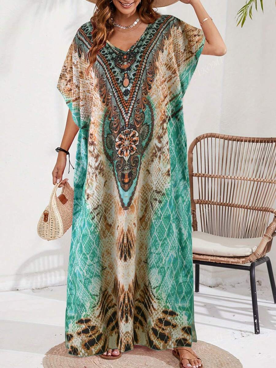 Women Middle East Traditional Long Robe Dress, Casual V-Neck Printed ...