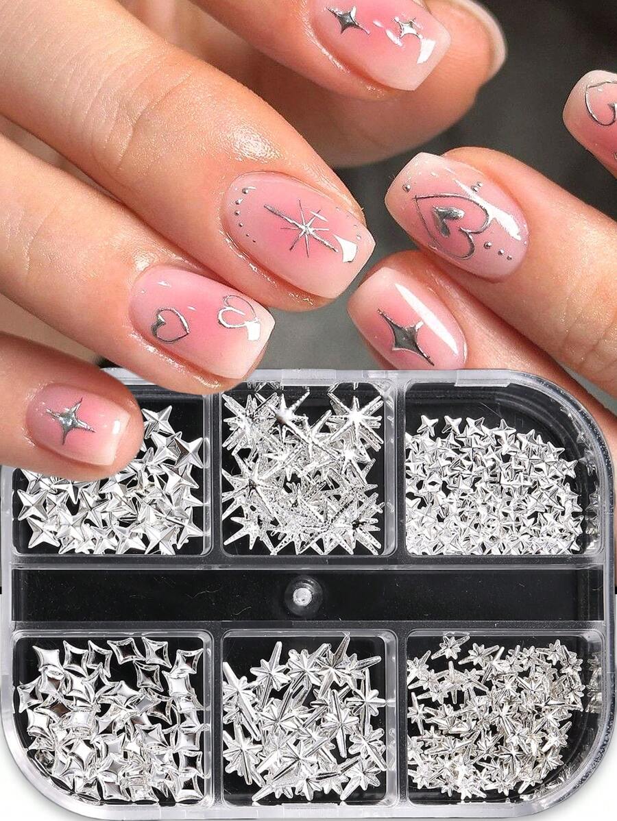 6-Grid 3D Silver Star Nail Jewelry Five-Pointed Star Cross Star Metal ...
