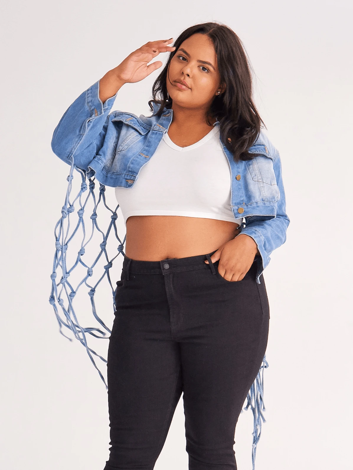 Women's Wash Loose Denim Top In Blue Denim Jacket Back Mesh Design ...