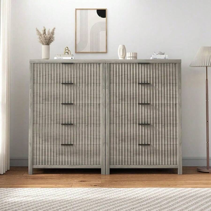 Fluted 5 Drawers Dresser For Bedroom, Tall Modern Chest Of Drawers With ...