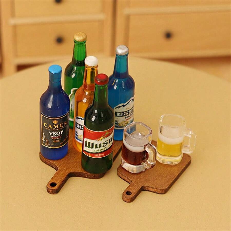 20pcs/4pcs Dollhouse Mini Realistic Beer, Serving Tray, Wooden Platter ...
