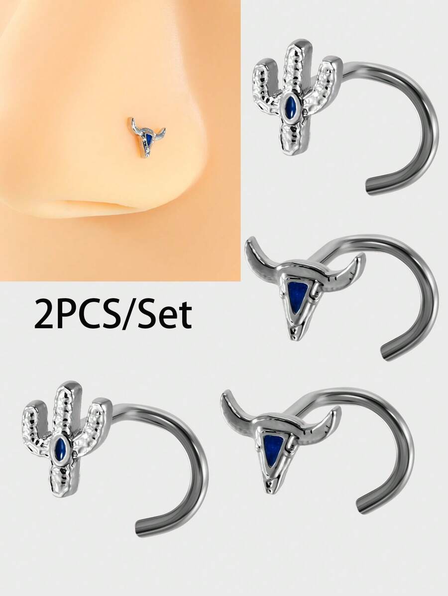 2PCS/Set Stainless Steel Cactus Ox-Head Nose Studs Shiny Blue Eyes ...