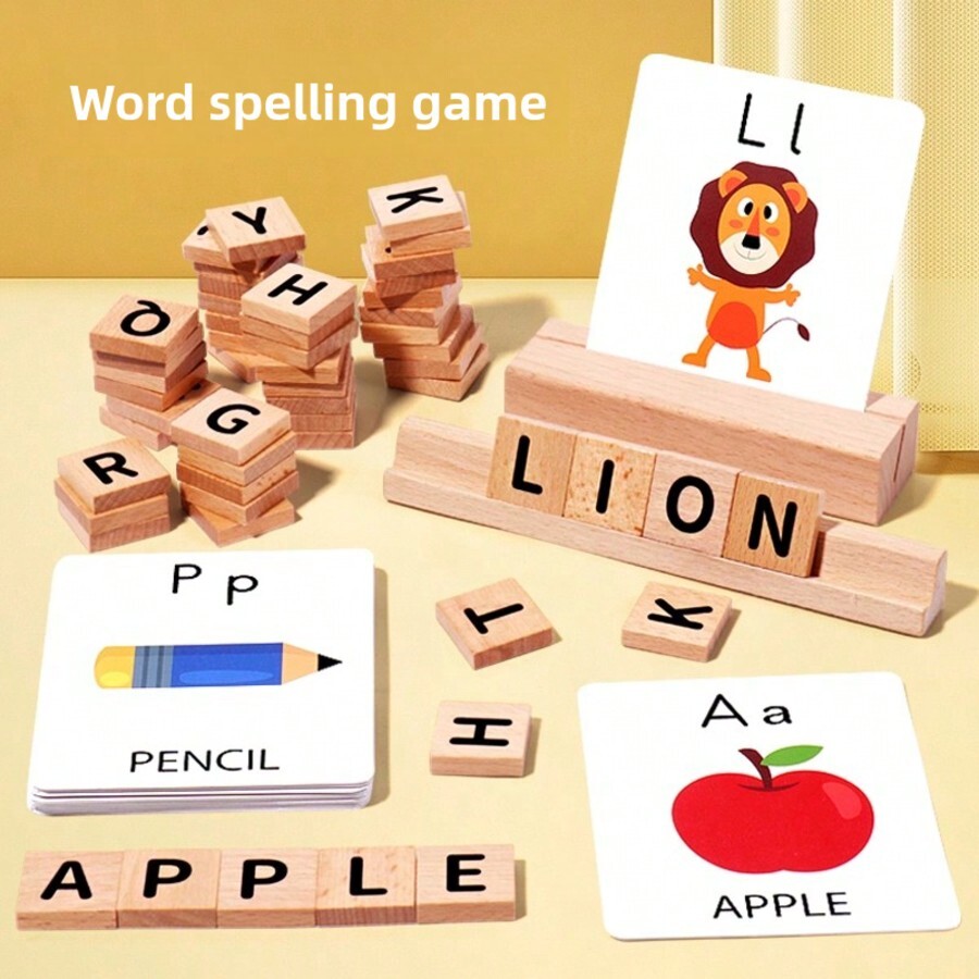 Wooden English Letter Spelling Word Game, Double-Sided Number Math ...