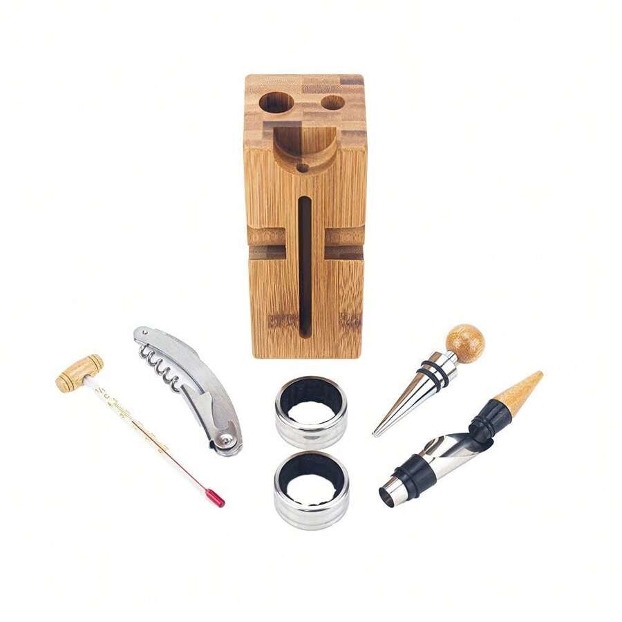 Stainless Steel Wine Accessory Kit With Bamboo Stand 7 Pieces | Mode en ...