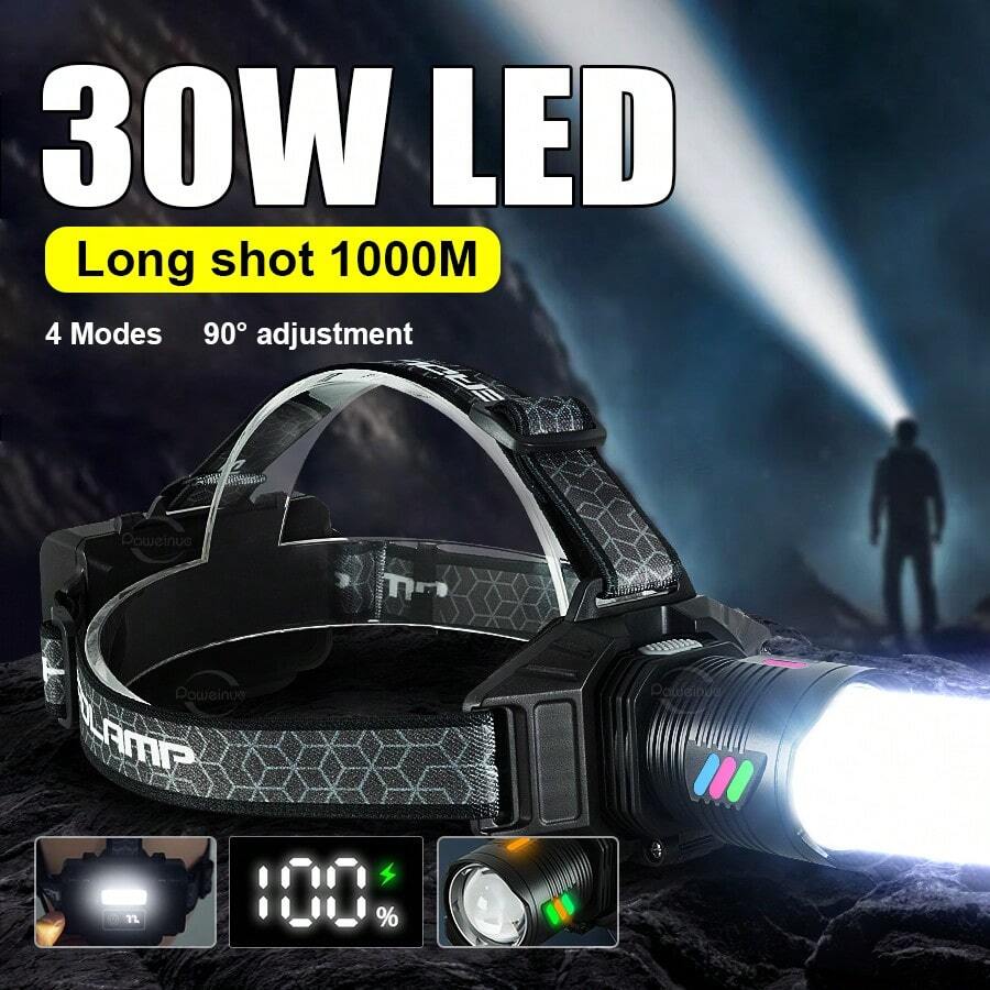 Nouvelle lampe-torche frontale à haute puissance à longue portée 30W LED haute performance avec ...