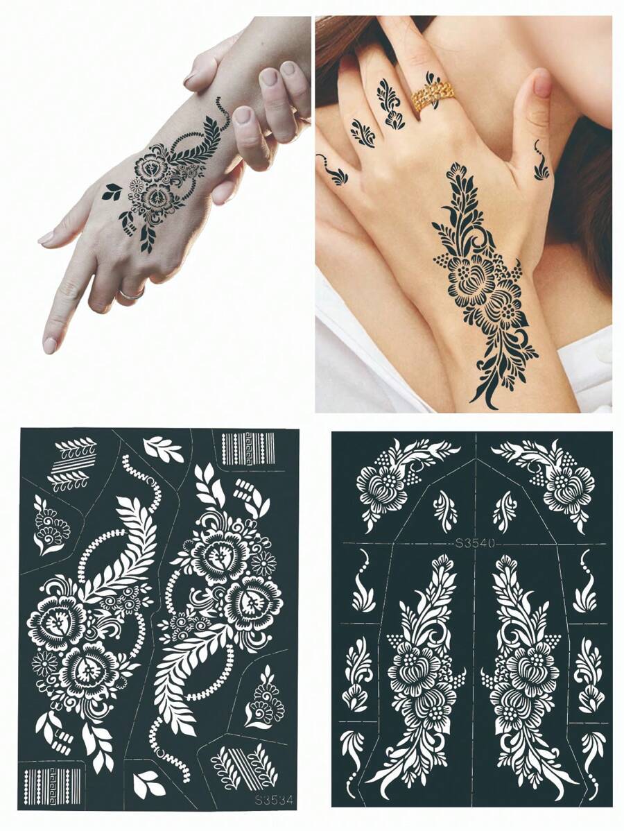 2 Sheets Henna Tattoo Stencils Flora Pattern Stencil Stickers Hollow ...