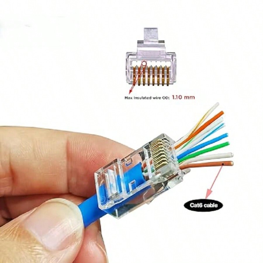 100PCS RJ45 Connectors, RJ45 Pass Through Connector, Premium Cat 6 Connectors 8P8C Gold Plated ...