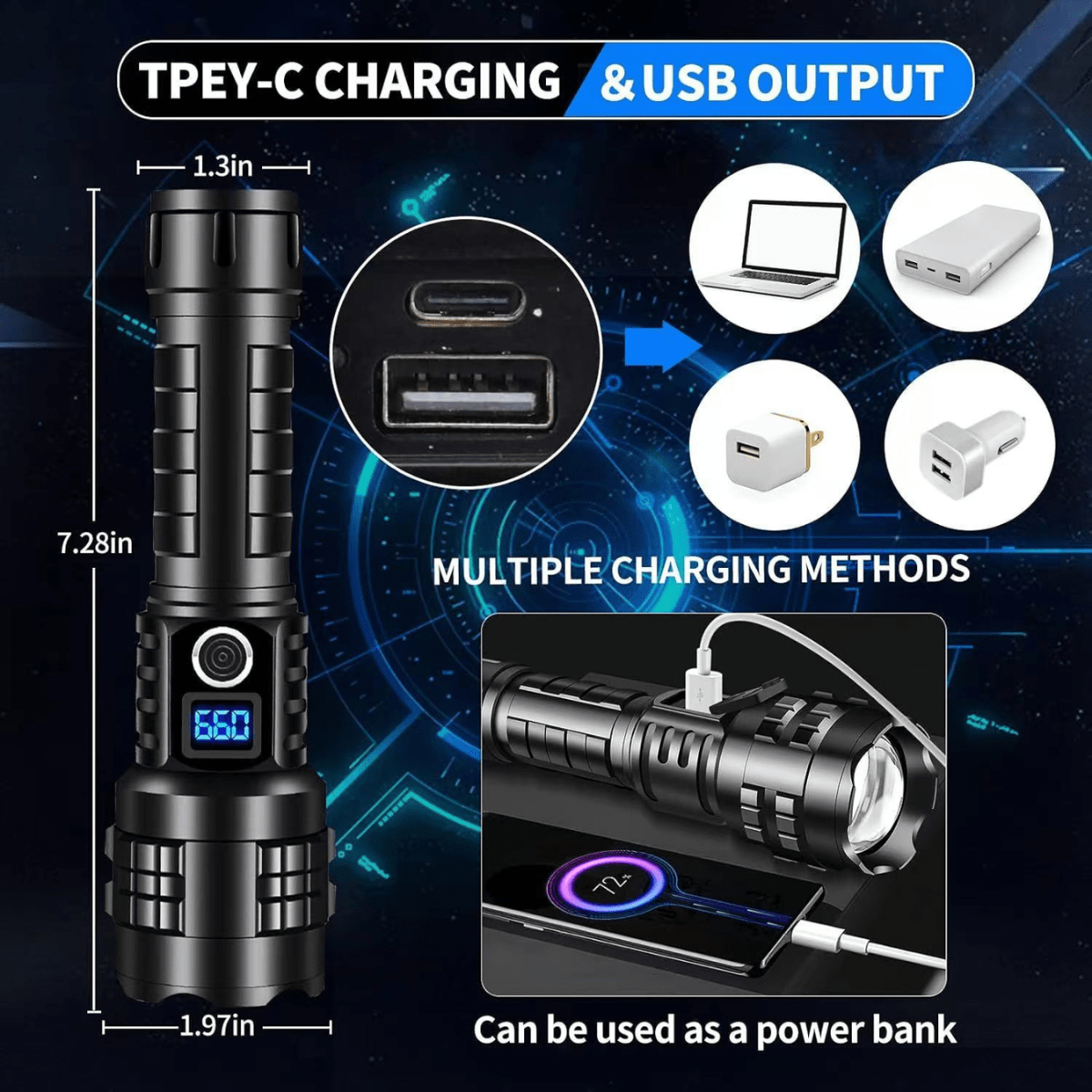 High-Power White Laser Flashlight Spotlight Outdoor Rechargeable Super ...