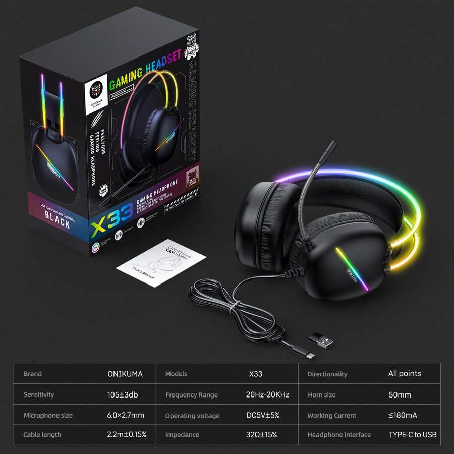 ONIKUMA X33 Black Professional Gaming Headset With RGB Dynamic Lighting ...