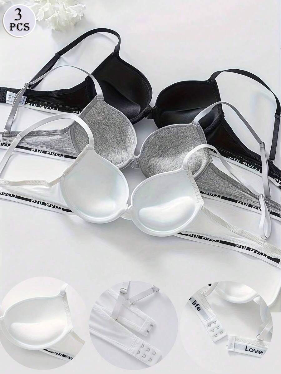 3Pcs Letter Stitching Contrasting Push Up Bra[For Flat Chest Women ...