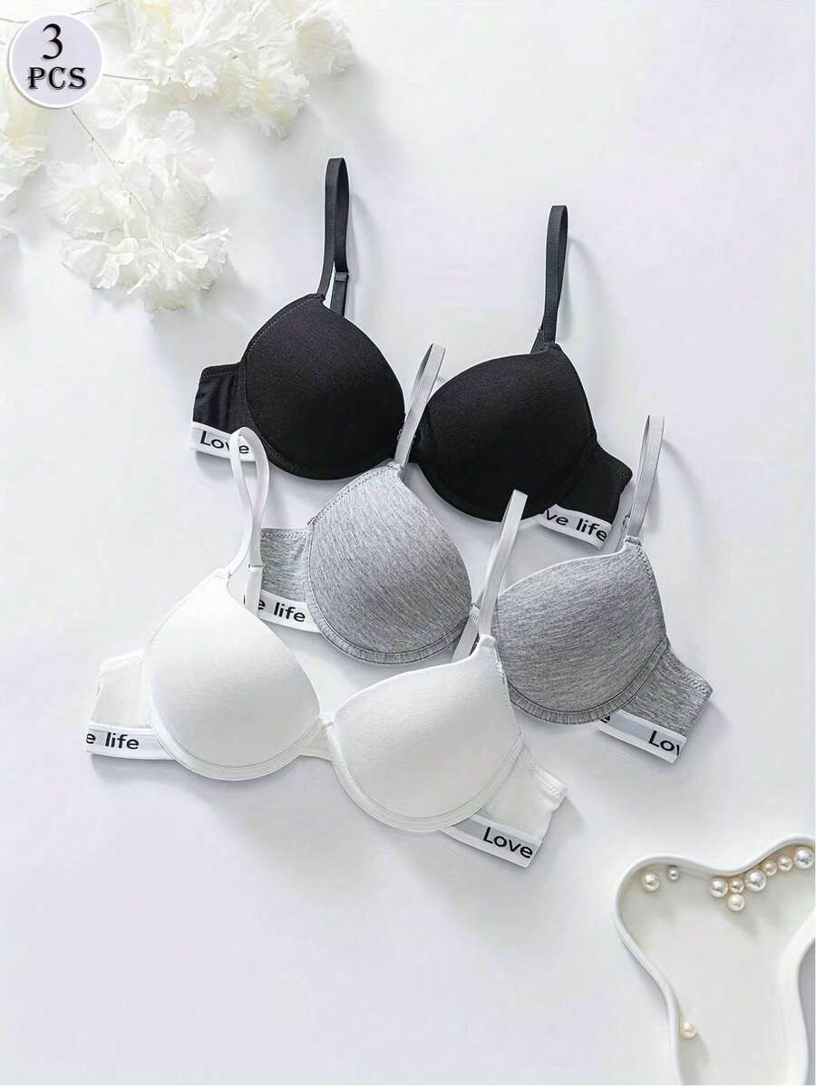 3Pcs Letter Stitching Contrasting Push Up Bra[For Flat Chest Women ...