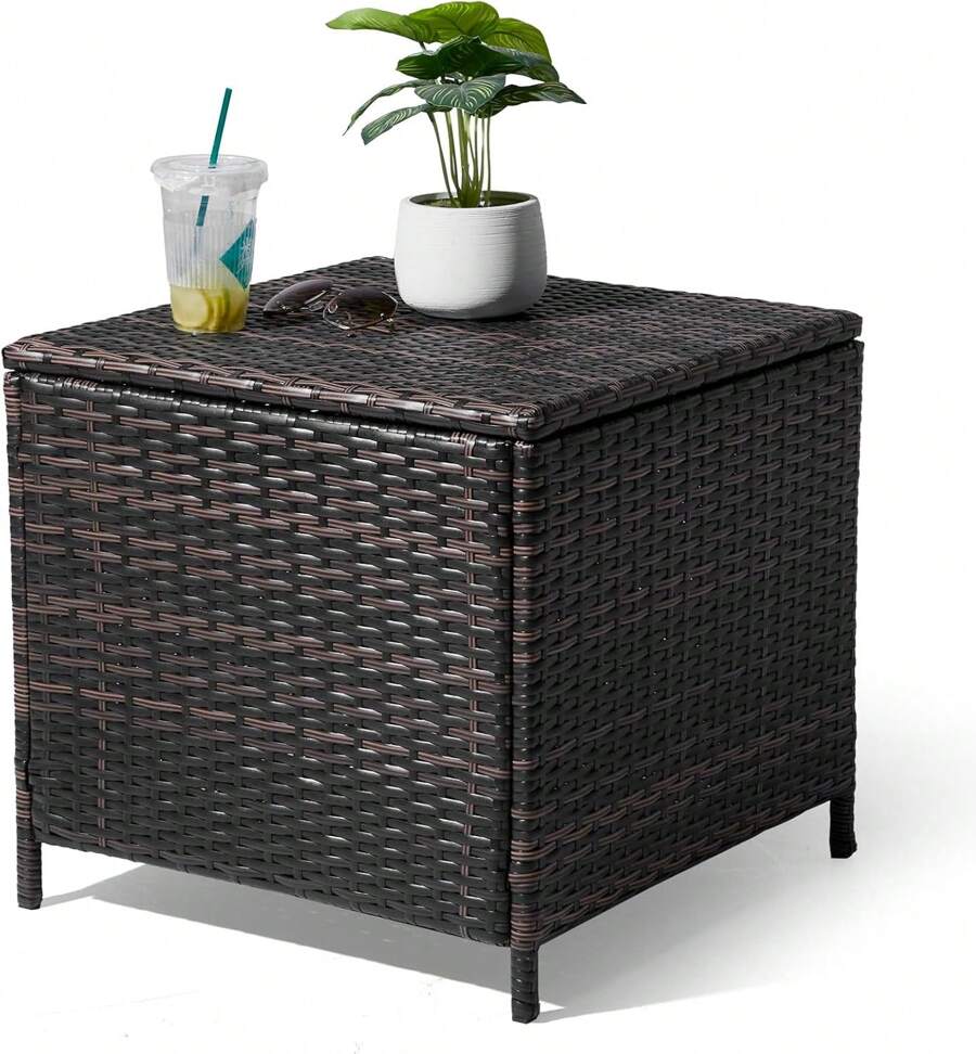 Outdoor Side Table With Storage, 27-Gallon Storage Box Outdoor Wicker ...