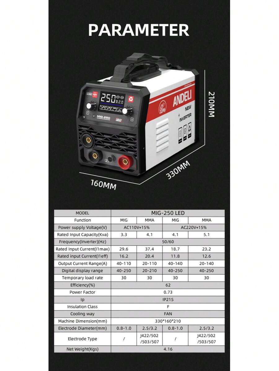 ANDELI Mig Welding Machine Without/Gas 140A 110V/220V MIG-250MINI LED ...